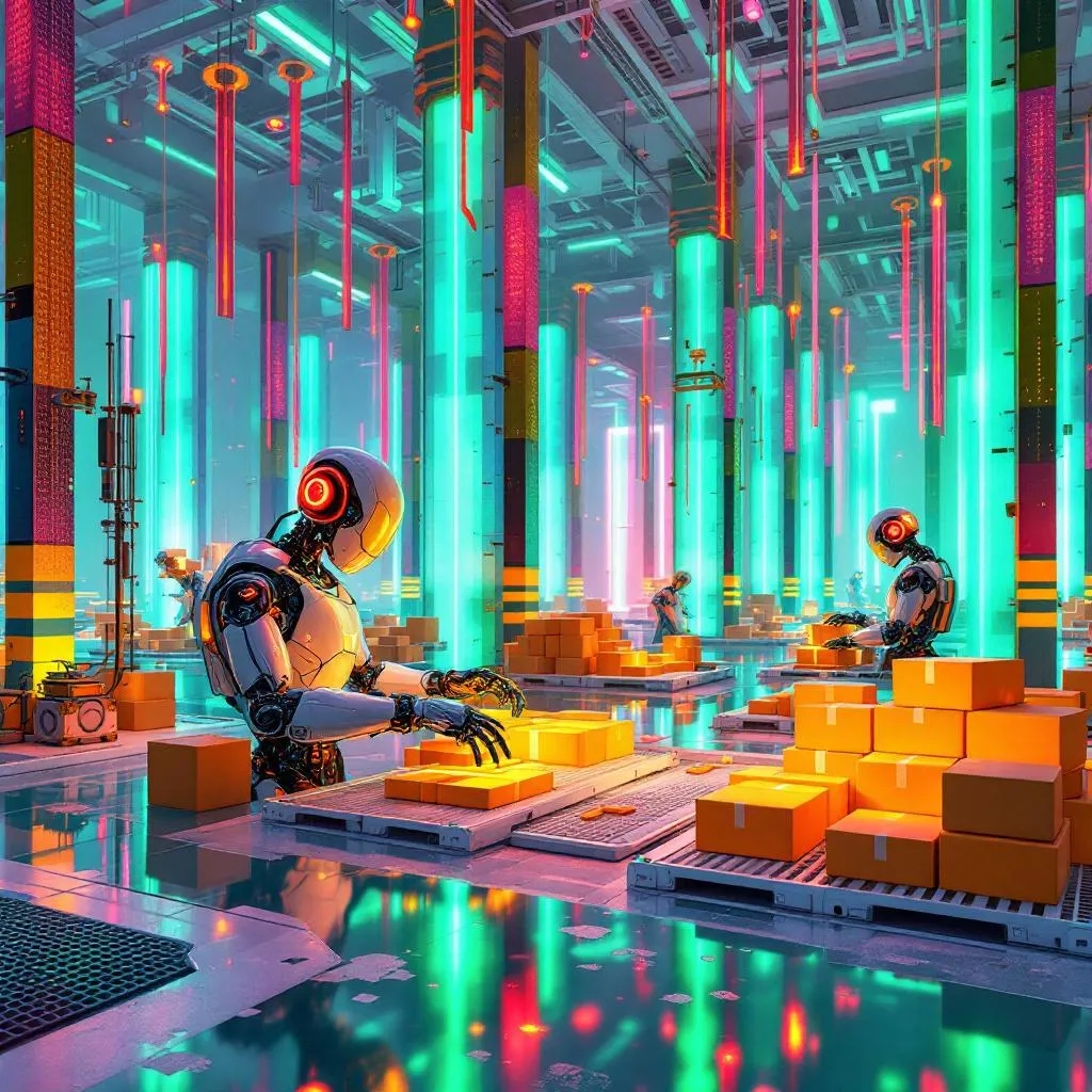 A High-Tech Warehouse with AI Robots Sorting Glowing Packages – Artilecto